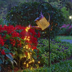 watering can with lights, solar lantern with bracket outdoor hanging waterproof, decorative retro metal lights for table patio yard pathway walkway (1pcs)