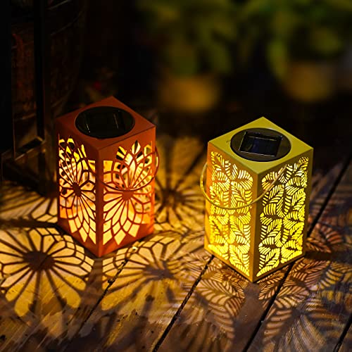 2 Pack Solar Hanging Lantern Outdoor Decorative Waterproof LED Tabletop Metal Lamp for Outdoor Patio Garden Landscape Lighting for Yard Pathway Decorative