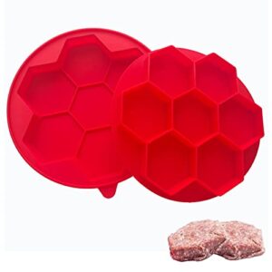 mekek 7 in 1 hamburger silicone mold, non-stick food grade hexagonal hamburger patty maker press, shape, & freeze container