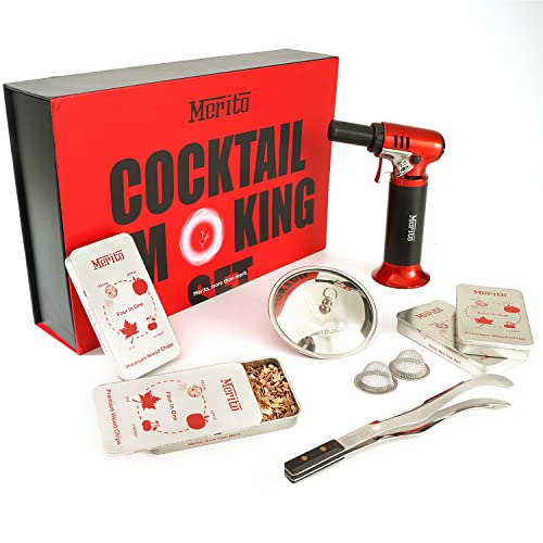 Merito Cocktail Smoker Kit – Luxury Whiskey Set with Stainless Steel Drink Smoker, Torch, Strainer, Tweezers& Wood Chips – Premium Whiskey Smoker as a Birthday Gifts for Men, Drink Lover (No Butane)