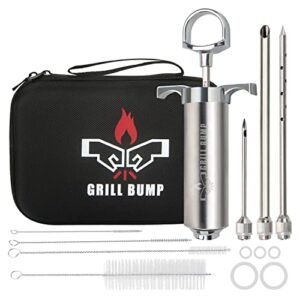 grill bump meat injector syringe kit with 3 professional marinade injector needles and travel case for bbq grill smoker, turkey and brisket; 2-oz large capacity, both paper user manual and e-book