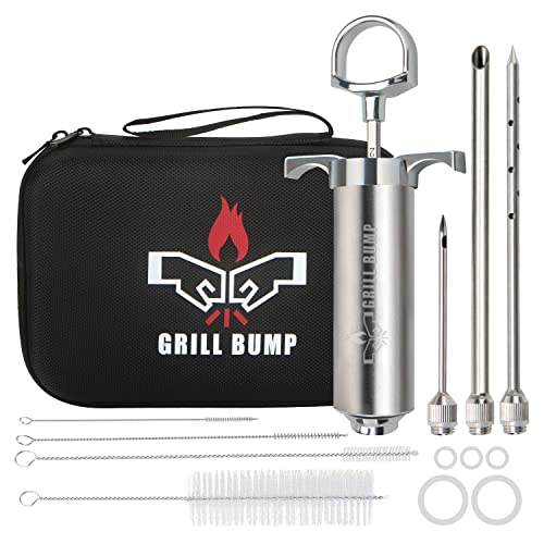 Grill Bump Meat Injector Syringe Kit with 3 Professional Marinade Injector Needles and Travel Case for BBQ Grill Smoker, Turkey and Brisket; 2-oz Large Capacity, Both Paper User Manual and E-Book