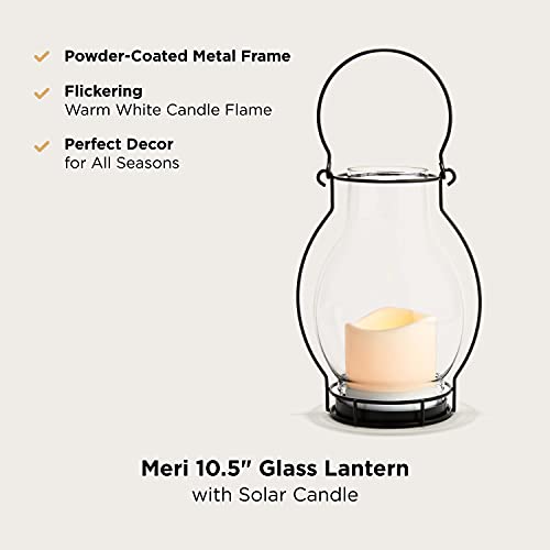 Black Outdoor Lantern with Solar Candle - 10.5 Inch Tall, Metal & Glass, Round Hurricane Style, Waterproof, Battery Included, Solar Powered Decorative Patio Lantern for Modern Home Decor