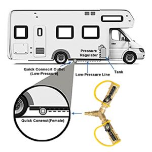 ATKKE 1/4'' RV Propane Y Splitter Adapter Quick Connect Fitting with Shutoff Valve for RV Trailer, 2 Way LP Quick Disconnect Fitting Connect to Hose for Motorhome Camping Tabletop Grill