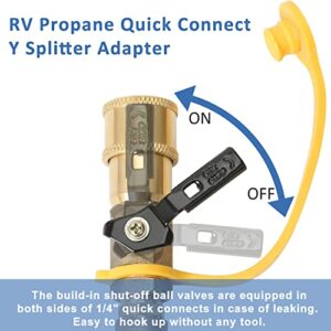 ATKKE 1/4'' RV Propane Y Splitter Adapter Quick Connect Fitting with Shutoff Valve for RV Trailer, 2 Way LP Quick Disconnect Fitting Connect to Hose for Motorhome Camping Tabletop Grill