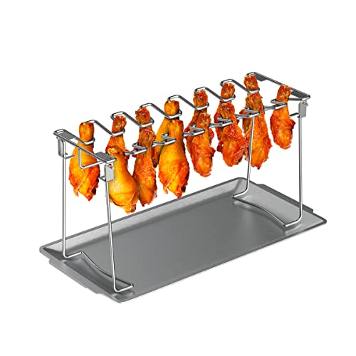 Chicken Leg Wing Rack 14 Slots with Stainless Steel Drumsticks Roaster Stand Drip Tray for Pellet Smoker Grill Accessories -Dishwasher Safe