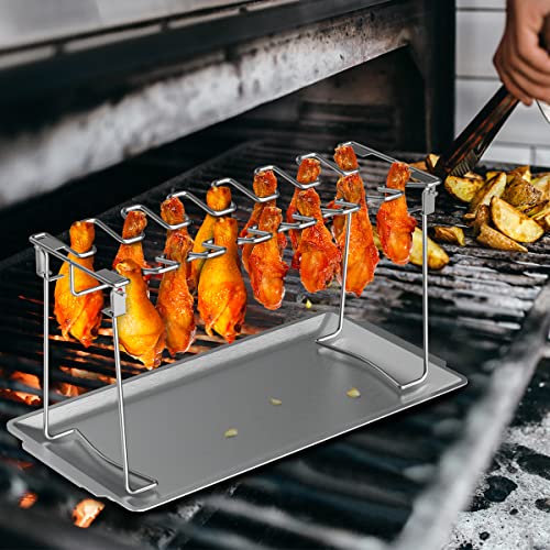 Chicken Leg Wing Rack 14 Slots with Stainless Steel Drumsticks Roaster Stand Drip Tray for Pellet Smoker Grill Accessories -Dishwasher Safe