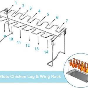 Chicken Leg Wing Rack 14 Slots with Stainless Steel Drumsticks Roaster Stand Drip Tray for Pellet Smoker Grill Accessories -Dishwasher Safe