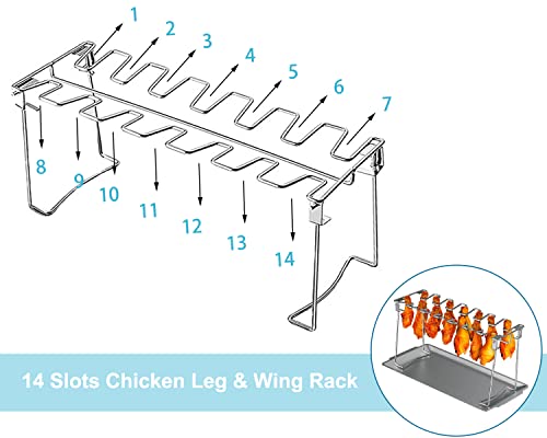 Chicken Leg Wing Rack 14 Slots with Stainless Steel Drumsticks Roaster Stand Drip Tray for Pellet Smoker Grill Accessories -Dishwasher Safe