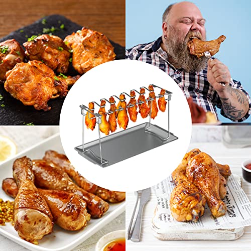 Chicken Leg Wing Rack 14 Slots with Stainless Steel Drumsticks Roaster Stand Drip Tray for Pellet Smoker Grill Accessories -Dishwasher Safe