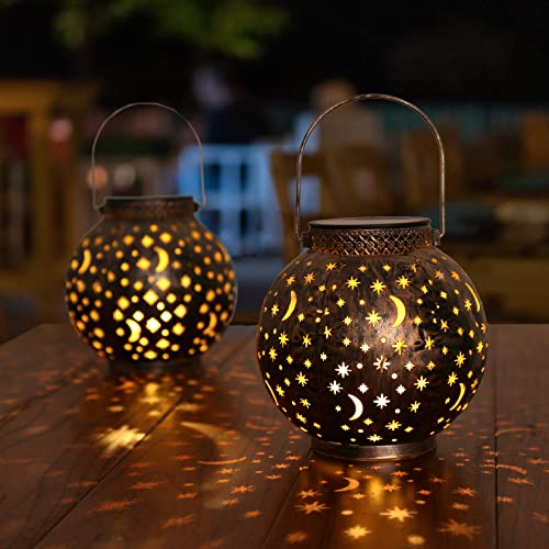 Easybuy Solar Lanterns Star Moon Solar Outdoor Lanterns Patio Garden Walkway Lawn Bronze Lanterns 2 Pack Star Moon Gifts for Wife Mother Friends