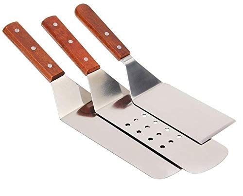 Stainless Steel Metal Spatula Burger Turner Spatula,Burger Flippers,Solid Cooking Spatula,Perforated Cooking Spatula and Griddle Spatula，Hamburger Turner with wooden handle for Barbecue, Steak, Pizza