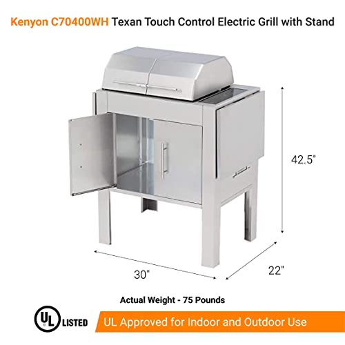 Kenyon Texan Touch Control Electric Grill With Stand, Double Burner, Built-In Grill, Marine-Grade Stainless Steel Body, Faceted Split Lid, Double Coated Dishwasher Safe Grate, 240 Volts