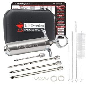 tri-sworker meat injectors for smoking with case and 4 flavor food injector syringe needles, injector marinades for meat, turkey, brisket; 2-oz; including paper and e-book (pdf) user manual