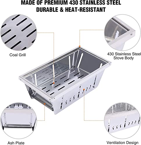 REDCAMP Collapsible Camping Grill,17 * 9" Portable Charcoal Grill with Carrying Bag, Stainless Steel lightweight Small BBQ Grill for Outdoor Camping Cooking