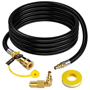 patiogem 12 ft quick connect propane hose for rv to grill, propane hose adapter with 1/4" shutoff valve and 1/4" male full flow plug, lp rv hose with elbow adapter for 17" and 22" blackstone griddles