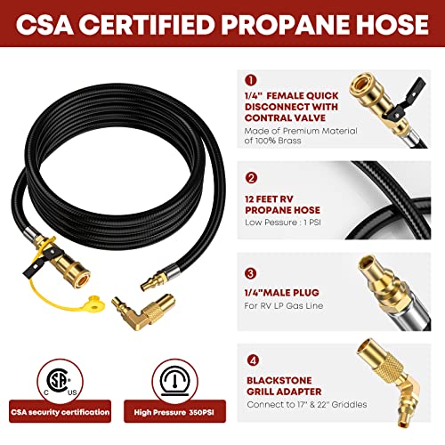 PatioGem 12 FT Quick Connect Propane Hose for RV to Grill, Propane Hose Adapter with 1/4" Shutoff Valve and 1/4" Male Full Flow Plug, LP RV Hose with Elbow Adapter for 17" and 22" Blackstone Griddles