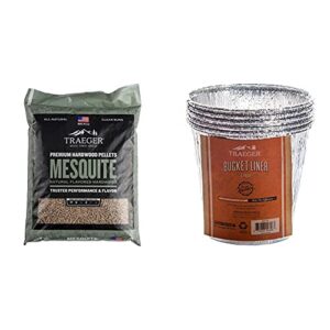 traeger grills pel305 mesquite 100% all-natural hardwood pellets grill, smoke, bake, roast, braise and bbq, 20 lb. bag & grills bac407z 5-pack bucket liner, basic pack