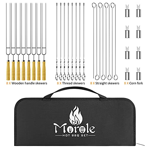 Morole 33PCS Metal Kabob Skewers for Grilling, 16" Long Stainless Steel Barbecue Skewers Reusable Grilling Skewers for Meat Shrimp Chicken Vegetables, Includes 8 Corn Forks and a Storage Bag