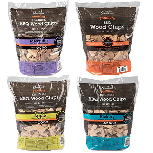 Camerons All Natural Wood Chips for Smoker, 4 Pack - Apple, Cherry, Hickory, Mesquite -260 Cu In Bag, Approx 2lbs ea - Kiln Dried Coarse BBQ Wood Chips- Barbecue Grilling Variety Pack Gift Set for Men