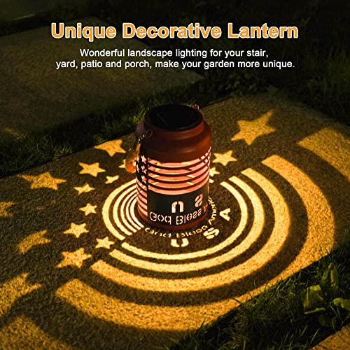 Solar Garden Lanterns Outdoor Waterproof Hanging Decorative American Flag Lights for Patio Yard Camping Deck Porch Outside Table Decorations