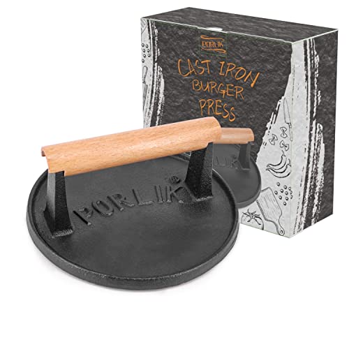 Cast Iron Hamburger Press - Heavy-duty Patty Maker Burger Meat Press Mold with Wooden Handle,7-Inch Round