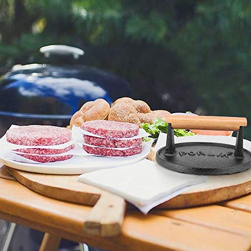 Cast Iron Hamburger Press - Heavy-duty Patty Maker Burger Meat Press Mold with Wooden Handle,7-Inch Round