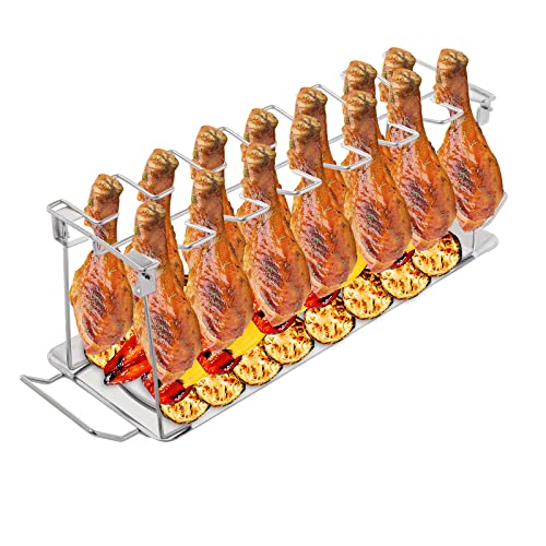 ZENFUN 14 Slots Chicken Leg Wing Rack, Stainless Steel Drumsticks Roaster Stand with Drip Tray, Metal Grill Rack for Poultry, Vegetables, Smoker Grill or Oven, BBQ, Picnic, Dishwasher Safe