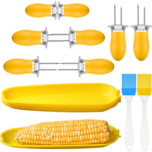 14 Pieces Corn Barbecue Set, Including Corn Trays, Corn Holders and Oil Brush for Barbecue and Kitchen Restaurant Use