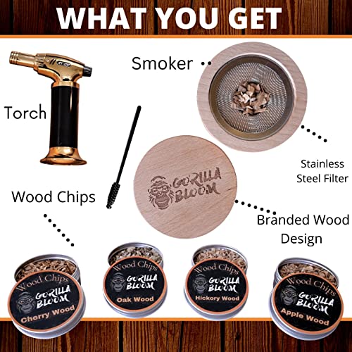 Whiskey Smoker Kit with Torch - 4 Kinds of Wood Chips – Bar Smoker Accessories & Bourbon Smoker Kit – Premium Quality Smoker Kit for Old Fashioned Cocktails