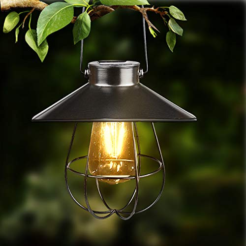 pearlstar Solar Hanging Lantern-Waterproof Metal LED Lights with Warm White Outdoor Lanterns Solar Powered Edison Bulb with Handle Design Decor for Garden Patio Courtyard Backyard Porch (Black)