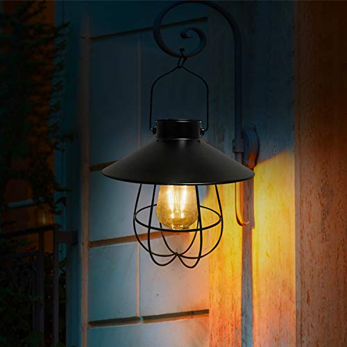 pearlstar Solar Hanging Lantern-Waterproof Metal LED Lights with Warm White Outdoor Lanterns Solar Powered Edison Bulb with Handle Design Decor for Garden Patio Courtyard Backyard Porch (Black)