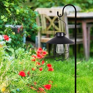 pearlstar Solar Hanging Lantern-Waterproof Metal LED Lights with Warm White Outdoor Lanterns Solar Powered Edison Bulb with Handle Design Decor for Garden Patio Courtyard Backyard Porch (Black)