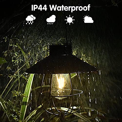 pearlstar Solar Hanging Lantern-Waterproof Metal LED Lights with Warm White Outdoor Lanterns Solar Powered Edison Bulb with Handle Design Decor for Garden Patio Courtyard Backyard Porch (Black)