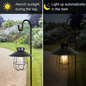 pearlstar Solar Hanging Lantern-Waterproof Metal LED Lights with Warm White Outdoor Lanterns Solar Powered Edison Bulb with Handle Design Decor for Garden Patio Courtyard Backyard Porch (Black)