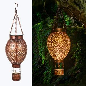 solar hanging lanterns outdoor, joycreator retro ip65 solar lanterns outdoor waterproof decorative, metal led solar outdoor lantern garden patio yard decor (hot air balloon)