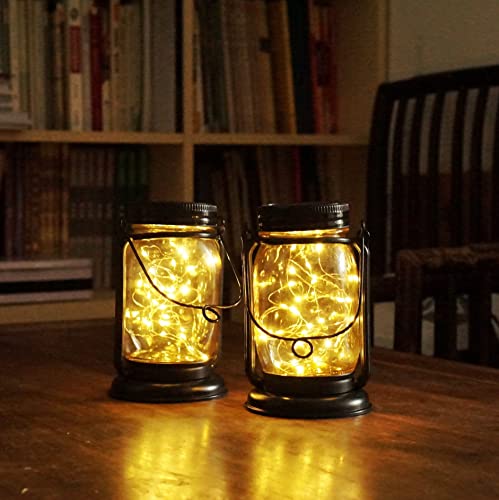 Solar Mason Jar Lantern, 4 Pack 30 LED Hanging Solar Mason Jar Lights Outdoor Retro Waterproof Fairy Lights with Stakes for Garden, Lawn, Patio, Yard, Pathway (4 Pack)