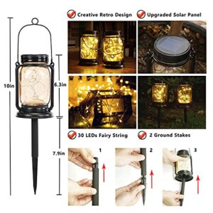 Solar Mason Jar Lantern, 4 Pack 30 LED Hanging Solar Mason Jar Lights Outdoor Retro Waterproof Fairy Lights with Stakes for Garden, Lawn, Patio, Yard, Pathway (4 Pack)