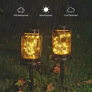 Solar Mason Jar Lantern, 4 Pack 30 LED Hanging Solar Mason Jar Lights Outdoor Retro Waterproof Fairy Lights with Stakes for Garden, Lawn, Patio, Yard, Pathway (4 Pack)