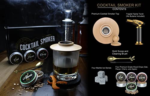 Cocktail Smoker Kit | Old Fashioned, Whiskey, Bourbon Cocktail Smoker Kit with Torch, Ice Stones, and Four Flavors of Wood Chips | Gift for Birthdays/Father's Day/Christmas. (No Butane)