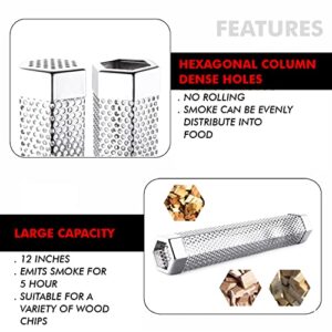 SAKIY Smoke Tube for Pellet smoker 12 inches Hexagon Portable BBQ works as a Cold/Hot Smoking fits in all sorts of grill - Stainless Steel Tube, Nonstop 5 hrs. Billowing