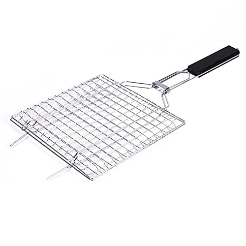 JAHH Fish Grilling Basket, Folding Portable Stainless Steel BBQ Grill Basket for Fish Vegetables Shrimp with Removable Handle