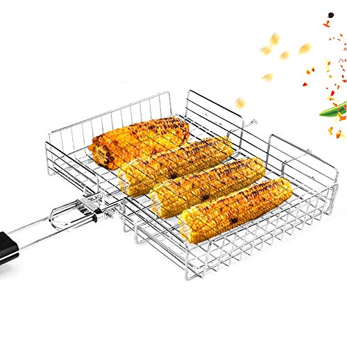 JAHH Non-Stick Rectangle Grilling Basket Folding BBQ Grill Vegetable Basket Set Black Wood Handle BBQ Meat Barbecue Accessories Tool