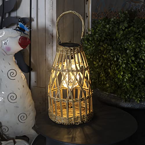 COLLECTIVE HOME - Outdoor Rattan Lantern, Solar Lantern with Handle, Summer Garden Decor, 15" Patio Waterproof Hanging Table Natural Lamp Lights, Wedding Home Decoration, Auto On/Off