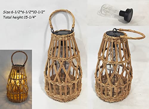 COLLECTIVE HOME - Outdoor Rattan Lantern, Solar Lantern with Handle, Summer Garden Decor, 15" Patio Waterproof Hanging Table Natural Lamp Lights, Wedding Home Decoration, Auto On/Off