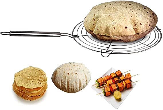 ORGANICA Stainless Steel Round Roti Grill, Papad Grill,Roti Jali, Chapathi Grill with Pipe Handle Dia-8 Inches