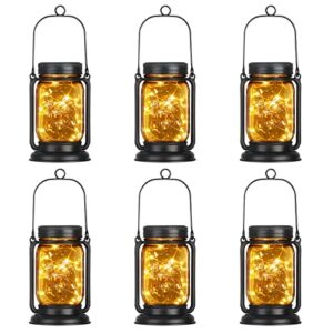 solar lanterns outdoor waterproof hanging mason jar solar lights with 30 led lights,retro garden solar table lights for patio yard lawn and christmas diy decorations (solar lantern 6 pack)