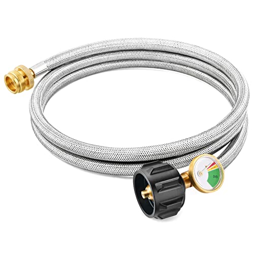 Kohree 6FT Propane Adapter Hose with Gauge, 1lb to 20lb Stainless Braided Propane Tank Hose Adapter Converter for Coleman Camp Stove, Buddy Heater, Tabletop Grill & More 1lb Portable Appliance