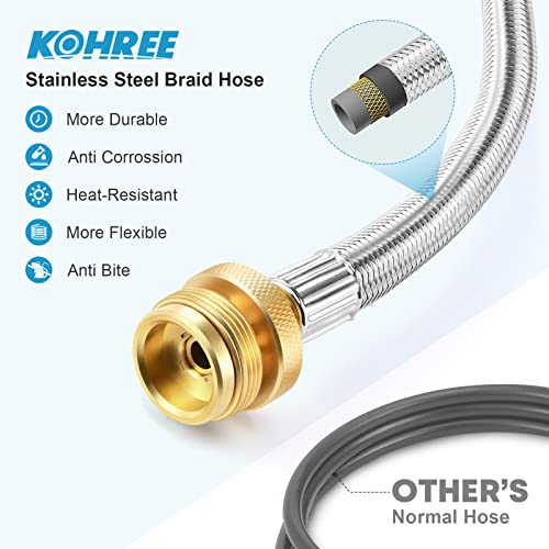 Kohree 6FT Propane Adapter Hose with Gauge, 1lb to 20lb Stainless Braided Propane Tank Hose Adapter Converter for Coleman Camp Stove, Buddy Heater, Tabletop Grill & More 1lb Portable Appliance