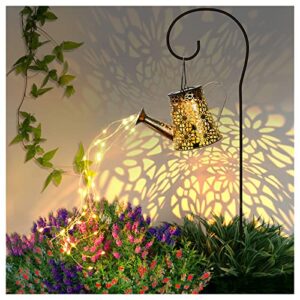 feelight solar lights outdoor garden decorative, small watering can hanging kettle lantern light retro waterproof copper solar twinkle lights for backyard table patio yard pathway walkway decor (b)